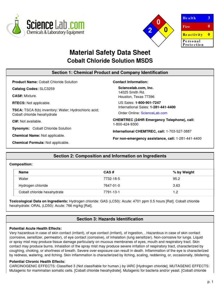 Msds Cobalt Chloride PDF | PDF | Toxicity | Chlorine