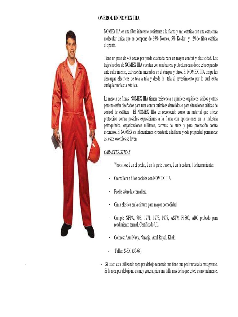 Ficha Técnica Overol en Nomex | PDF