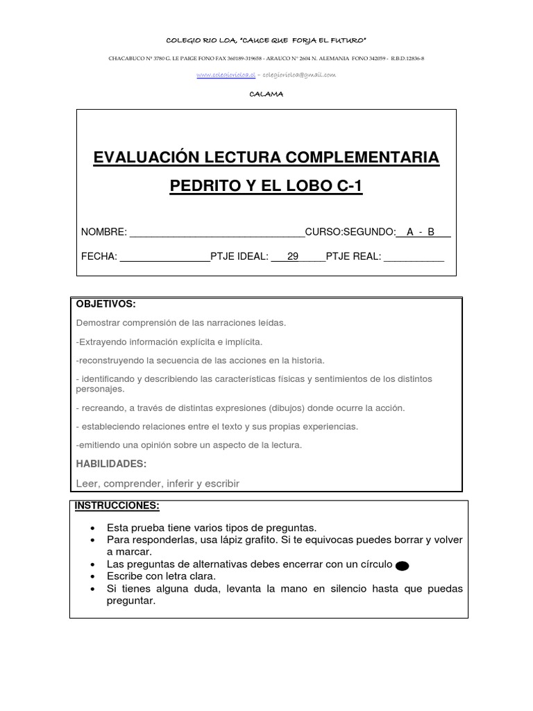 Evaluación de Lectura: Pedrito y el Lobo | PDF | Lectura (proceso)