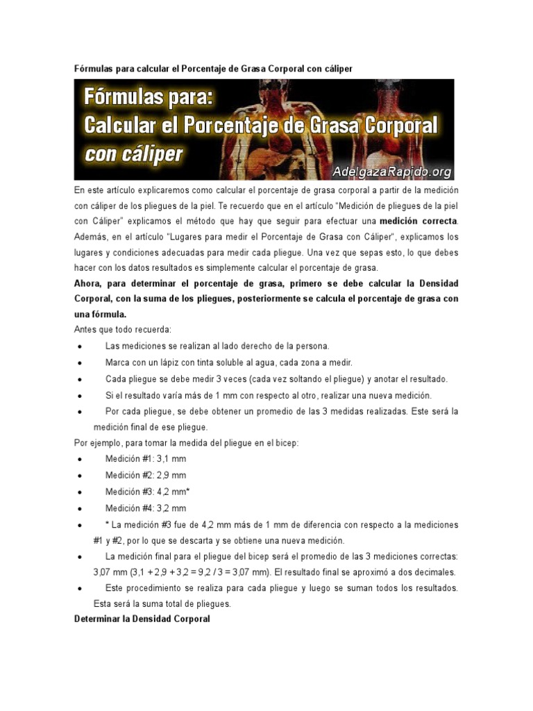 Formulas para Calcular El Porcentaje de Grasa Corporal Con Cáliper | PDF | Tejido adiposo | Medición
