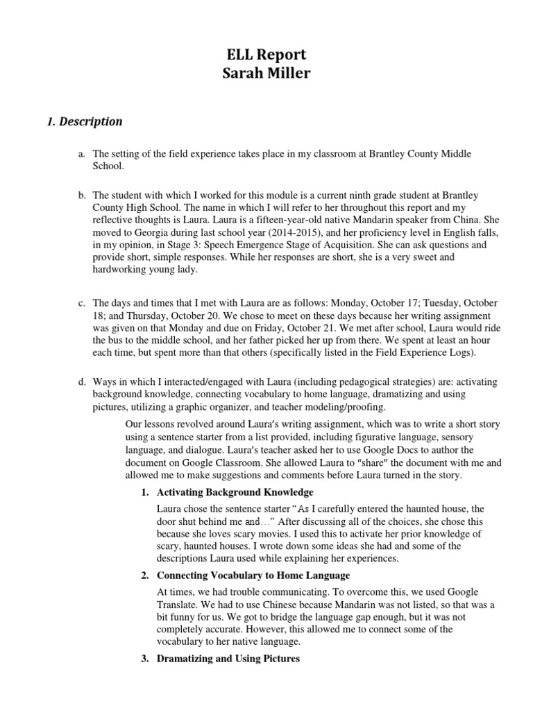 ELL Report Sarah Miller: 1. Description | PDF | English As A Second Or ...