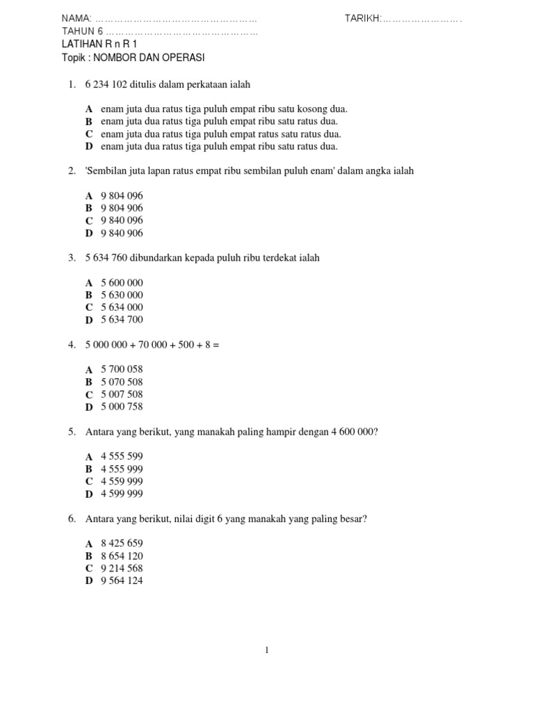 1.0 Nombor Dan Operasi Soalan Objektif | PDF