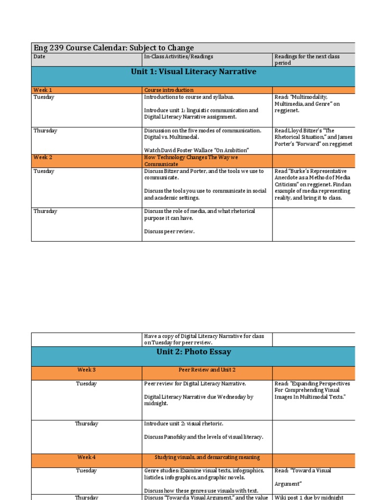 Eng 239 Course Calendar: Subject To Change: Unit 1: Visual Literacy ...