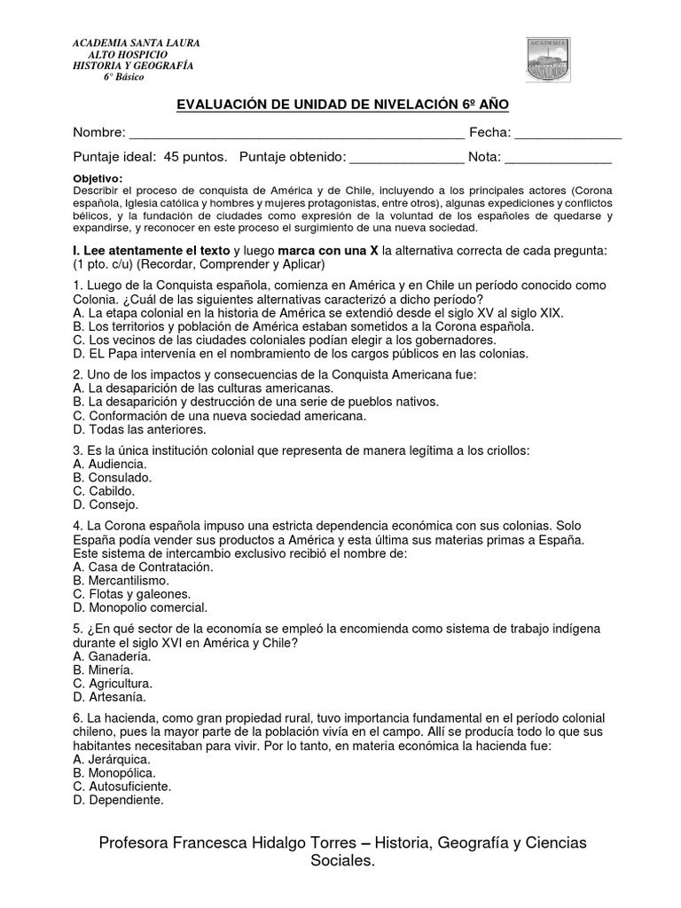 Prueba de Historia 6 | PDF | Chile | Nueva españa