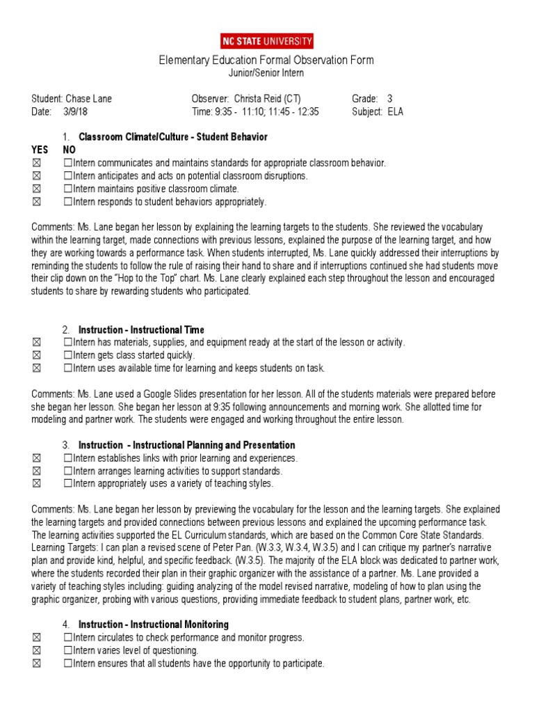 3-9-18 Pop-In Observation Form - Reid Obs | PDF | Classroom Management ...