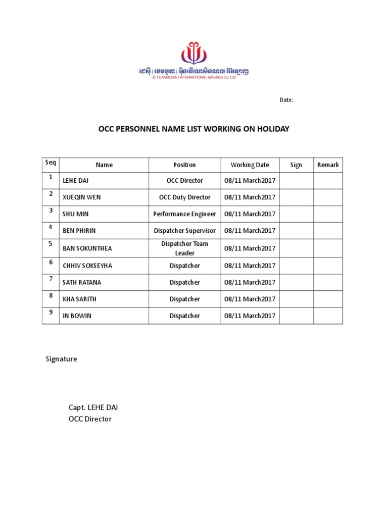 Occ Personnel Name List Working On Holiday: Signature | PDF