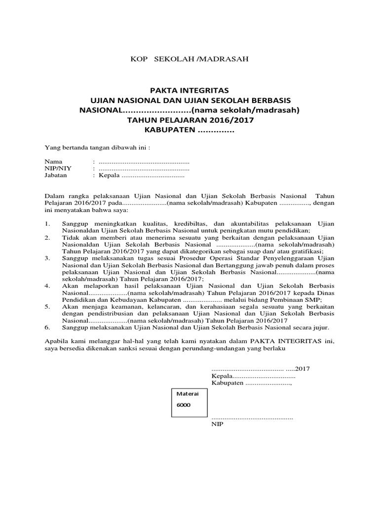 2 Contoh Pakta Integritas US USBN Dan UN 2017 | PDF