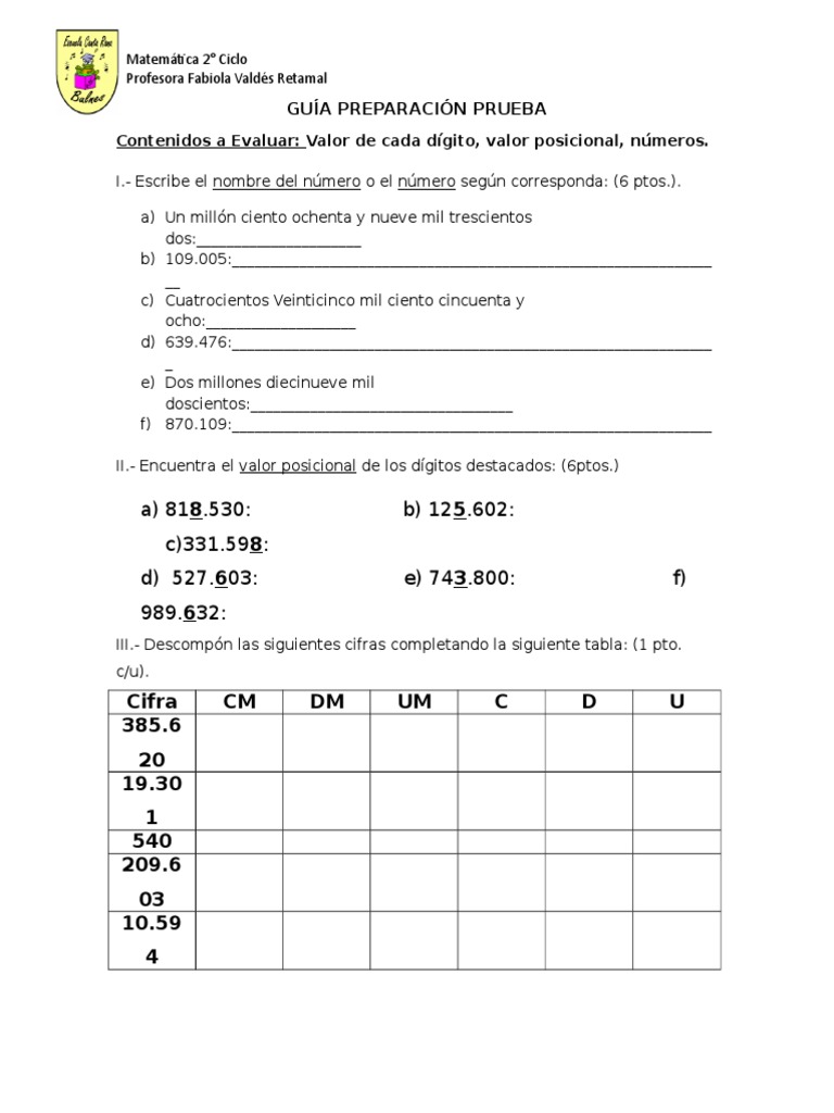 Evaluación de Valor Posicional en Matemáticas | PDF