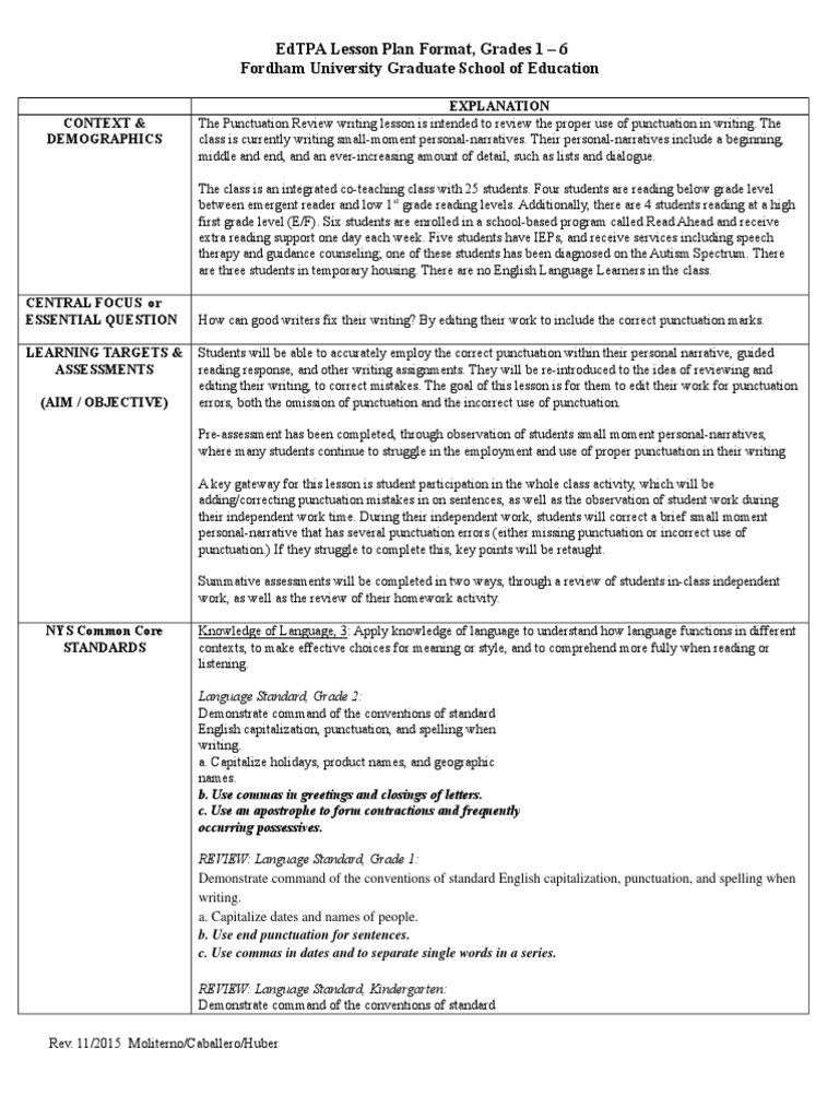 Edtpa Lesson Plan Format, Grades 1 - 6 Fordham University Graduate ...