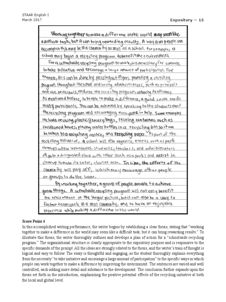 Staar English I Expository Scoring Guide March 2017 | PDF