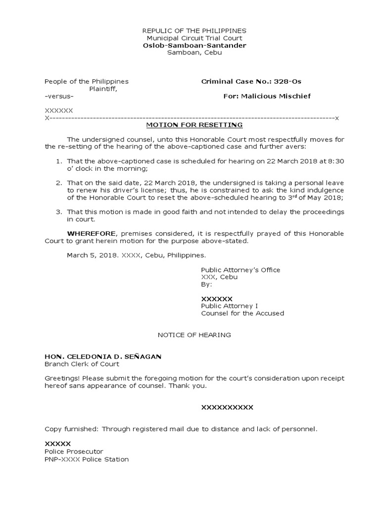 Motion to Reschedule Hearing for Case 328-Os | PDF