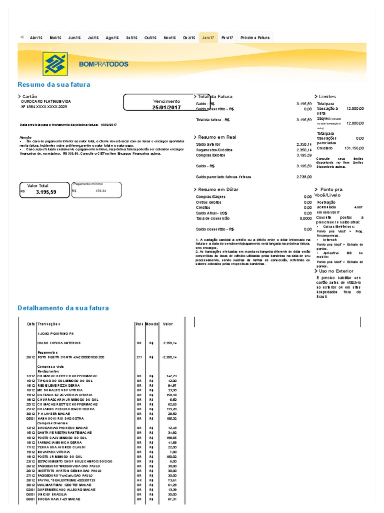 BB Fatura Cartão de Crédito 2017 01 | PDF | Economia dos Estados Unidos ...