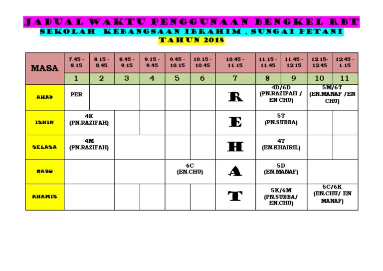 Jadual Waktu Penggunaan Bengkel RBT 2018 | PDF
