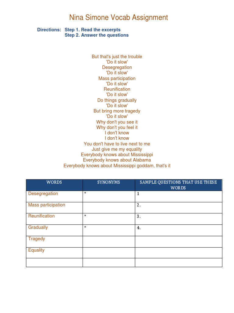 Nina Simone Vocab Assignment: Directions: Step 1. Read The Excerpts ...