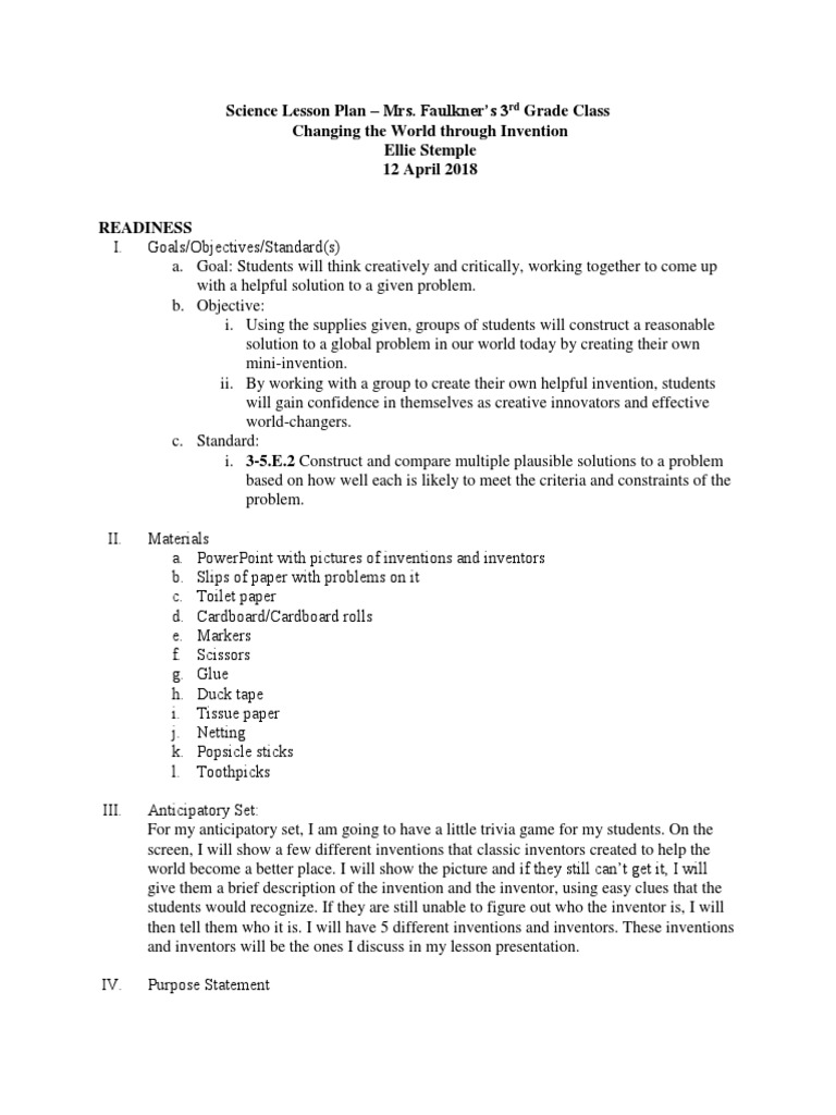 Science Lesson Plan - Mrs. Faulkner's 3 Grade Class Changing The World ...