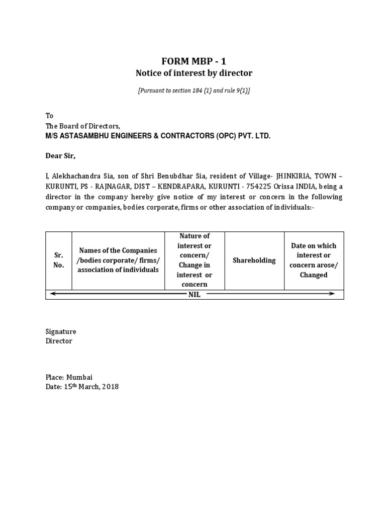 Form MBP - 1: Notice of Interest by Director | Download Free PDF ...