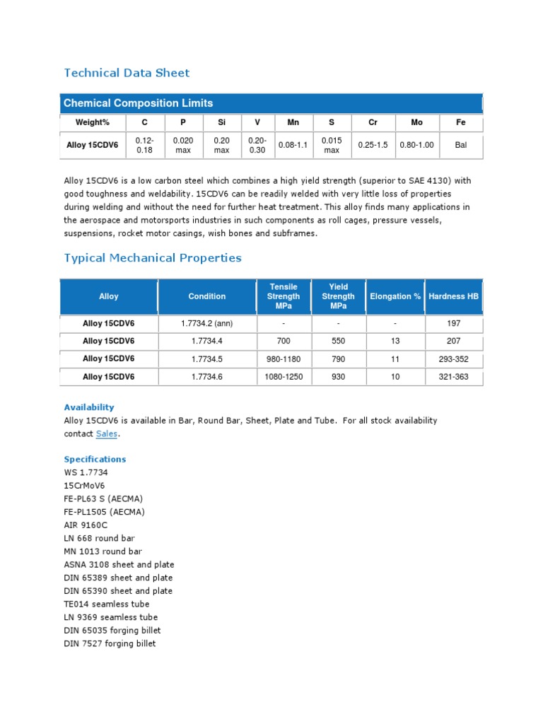 Technical Data Sheet 15cdv6 | PDF | Structural Steel | Alloy