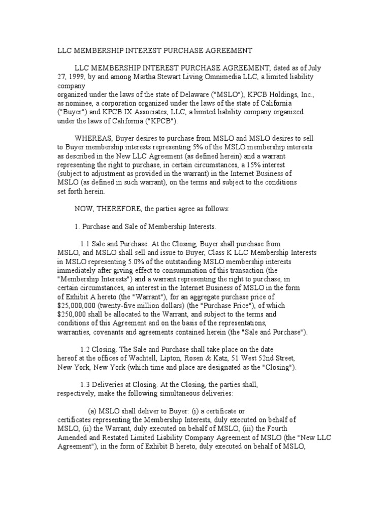 LLC Membership Interest Purchase Agreement | PDF
