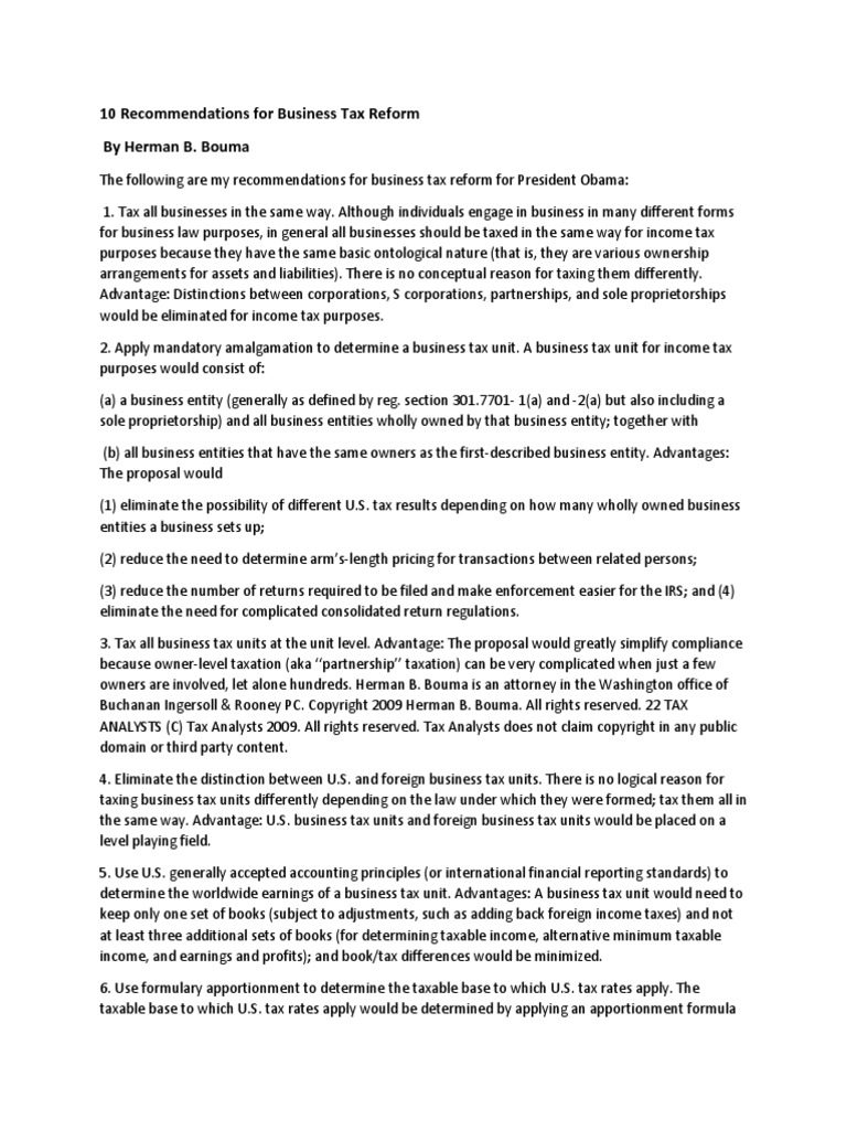 10 Recommendations For Business Tax Reform | PDF | Corporate Tax ...