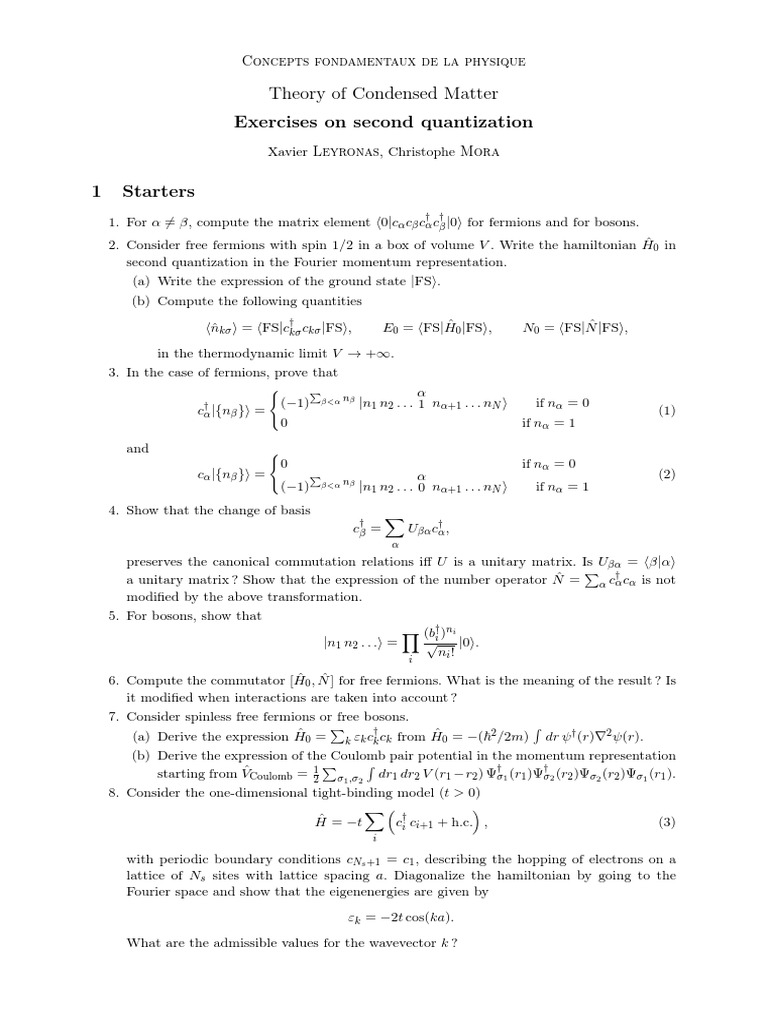 TD Second Quantization | PDF | Spin (Physics) | Hamiltonian (Quantum Mechanics)