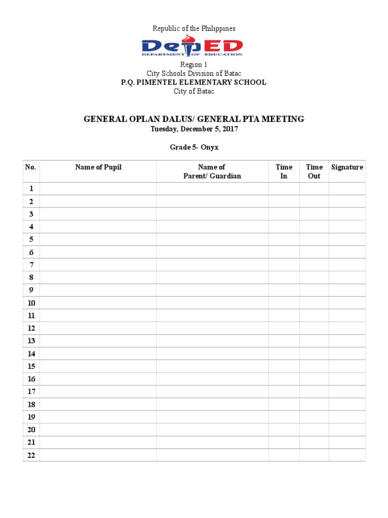 General Oplan Dalus/ General Pta Meeting: P.Q. Pimentel Elementary ...