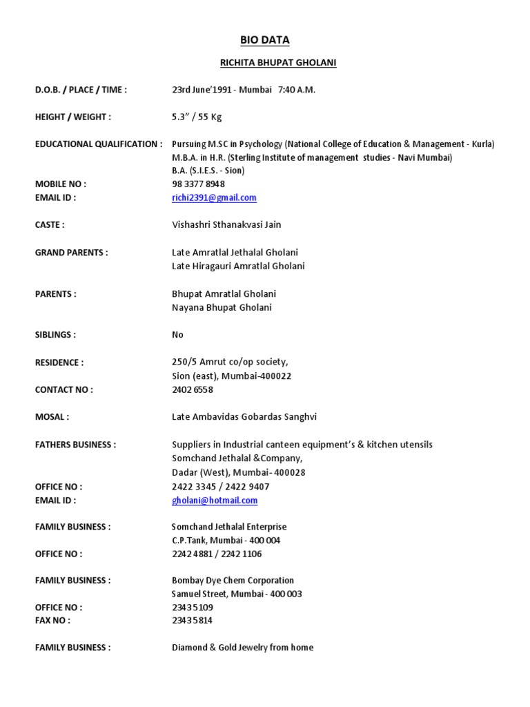 Richita Gholani Bio Data Overview | PDF