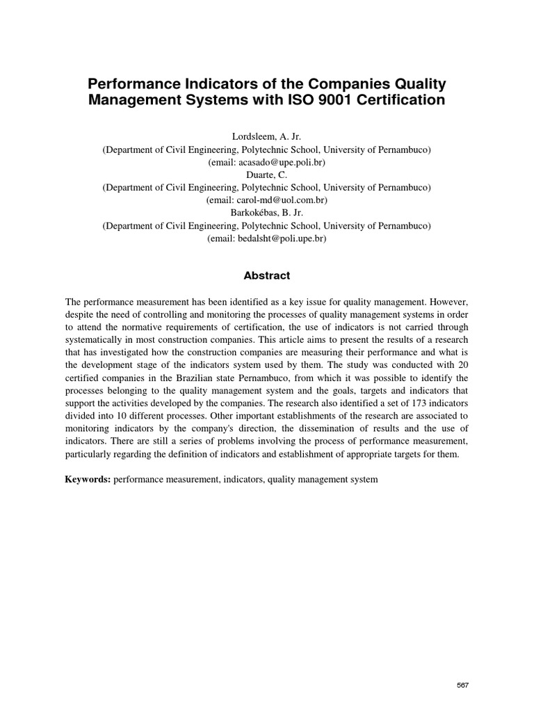 Performance Indicators of The Companies Quality Management Systems With ...