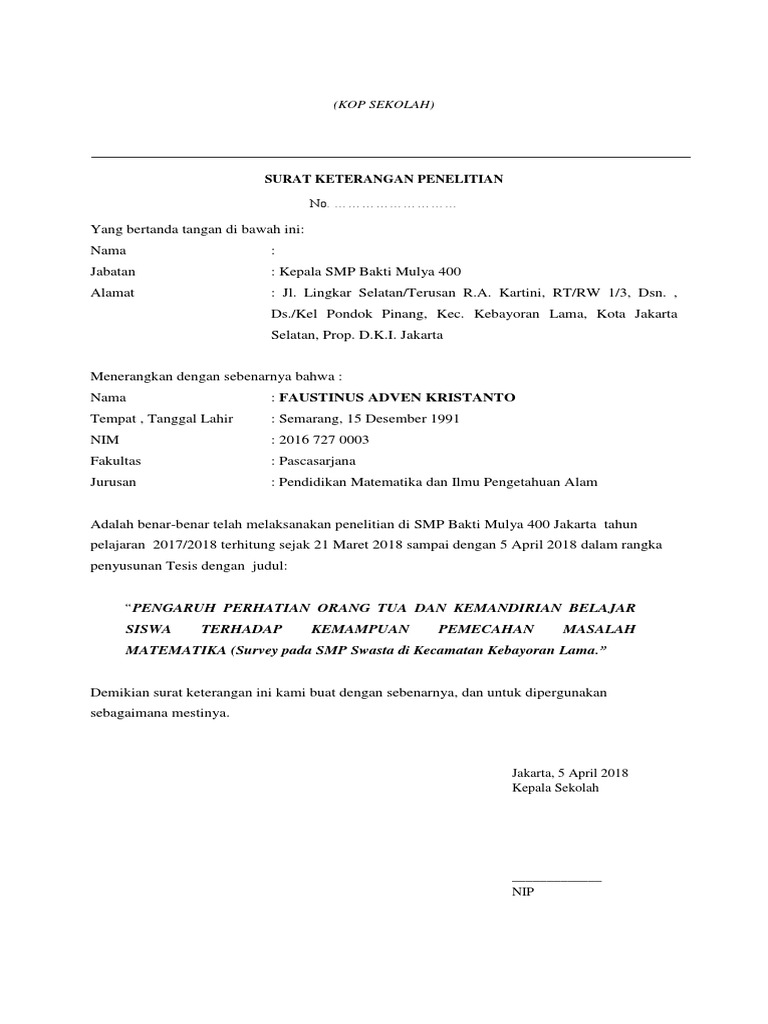 Surat Keterangan Penelitian Format