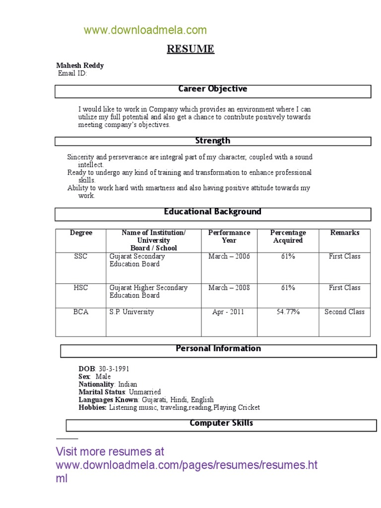 Resume Format For Bca 24+ ATS Resume Examples & Templates For 2024