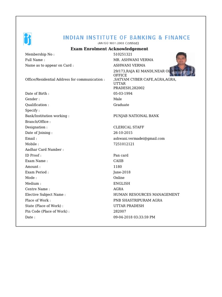 CAIIB Exam Enrolment Confirmation | PDF