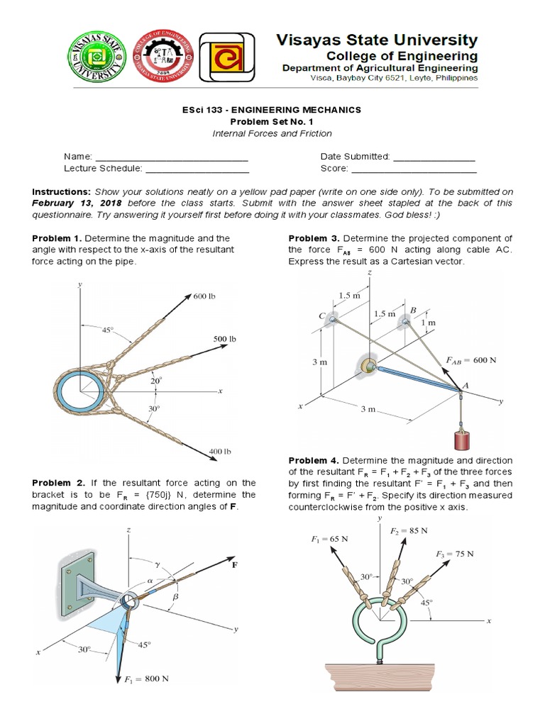 Esci 133 - Engineering Mechanics Problem Set No. 1: Internal Forces and ...