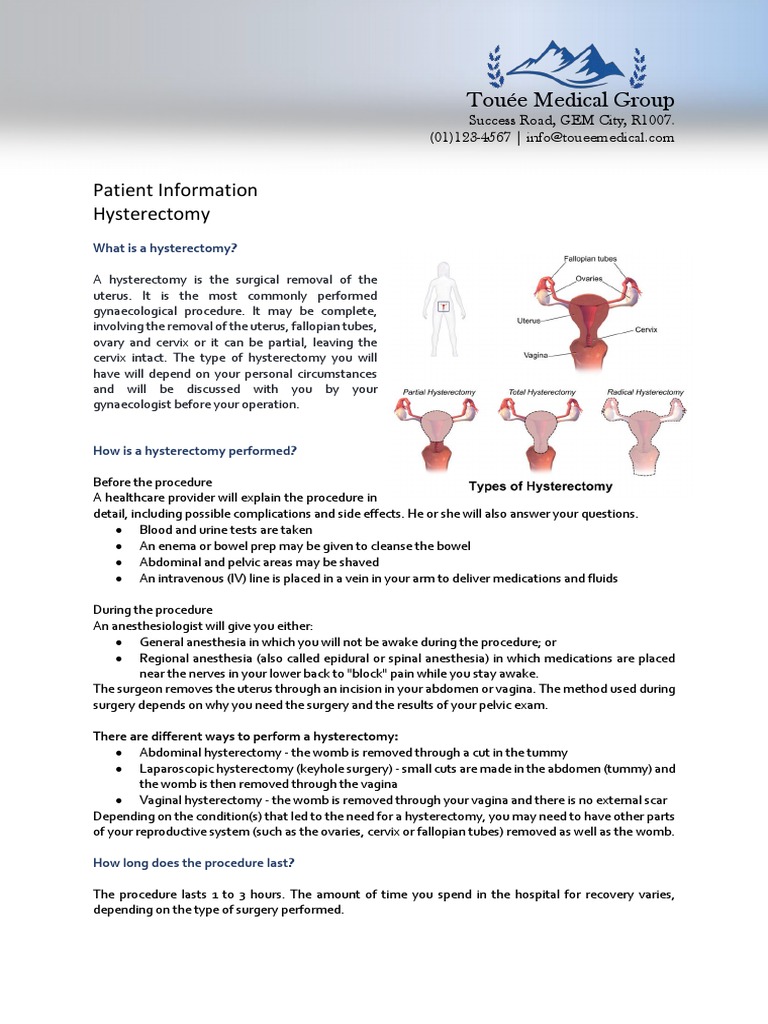 Patient Leaflet - Hysterectomy | Download Free PDF | Uterus | Surgery