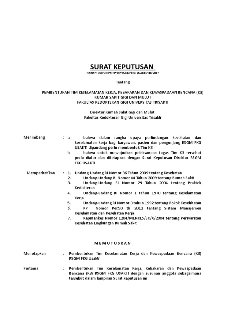 Pembentukan Tim K3 RSGM FKG Usakti | PDF | Sains & Matematika