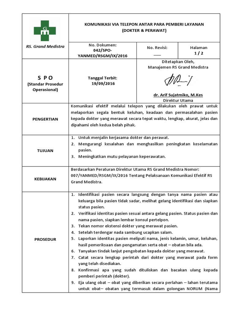 Spo Komunikasi Via Telepon Antara para Pemberi Pelayanan (Dokter Dan ...