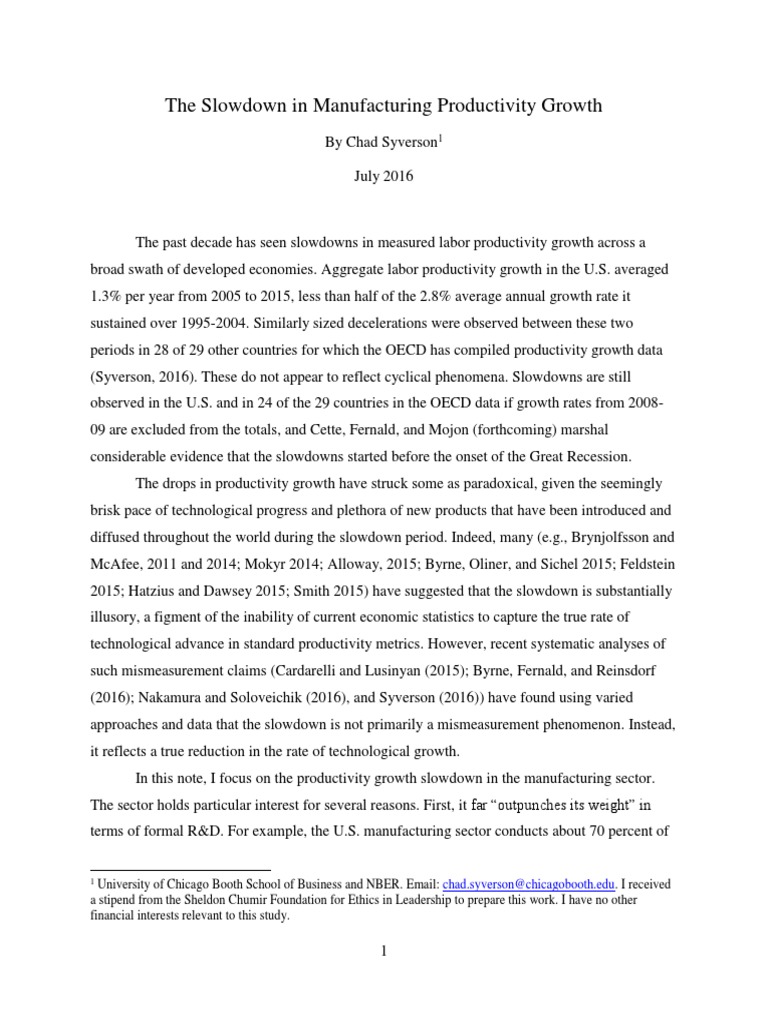 The Slowdown in Manufacturing Productivity Growth (Syverson 2016) | PDF ...
