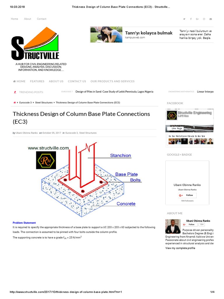 Thickness Design of Column Base Plate Connections (EC3) - Structville.. | PDF | Structural Steel ...