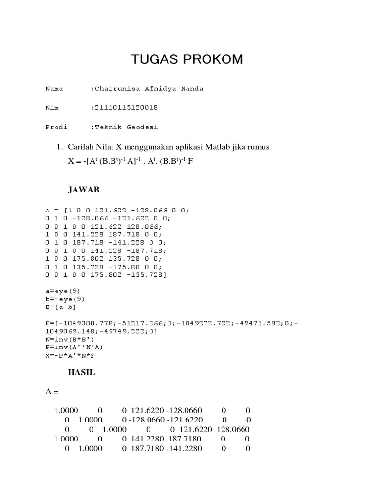 Matlab Calculation for Linear Equations | PDF