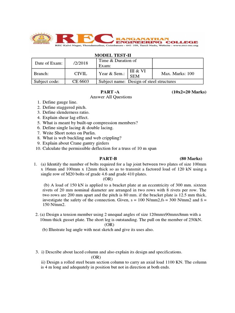 Steel Structures Design Exam Paper | PDF | Truss | Screw