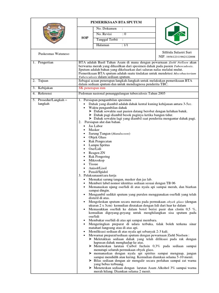 Prosedur Pemeriksaan BTA Sputum | PDF