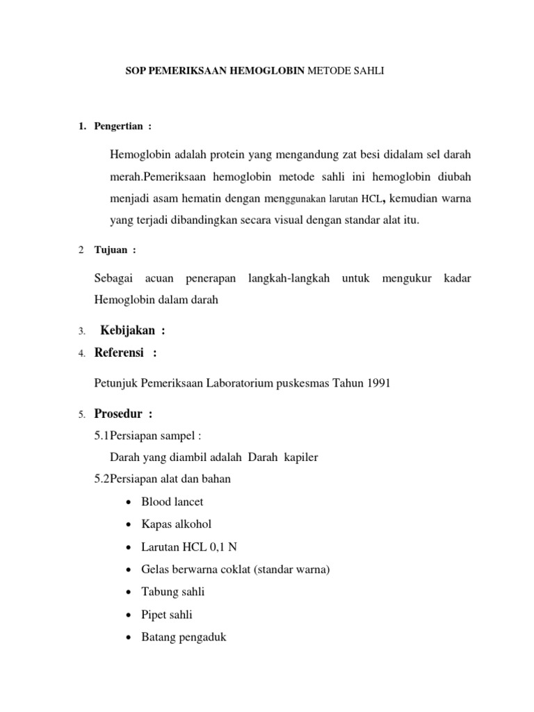 Sop Pemeriksaan Hemoglobin Metode Sahli | PDF
