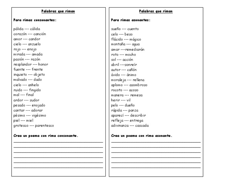 Hoja De Trabajo De Palabras Que Riman La Rima Guía De Apredizaje