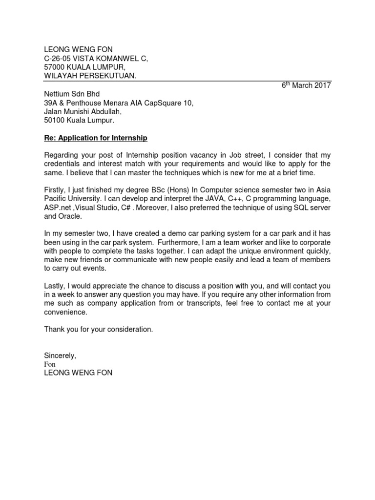 Cover Letter Leong Weng Fon | PDF