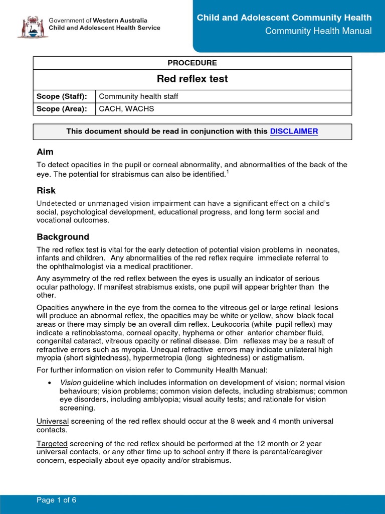 Red Reflex Test: Procedure | PDF | Visual Impairment | Visual Acuity