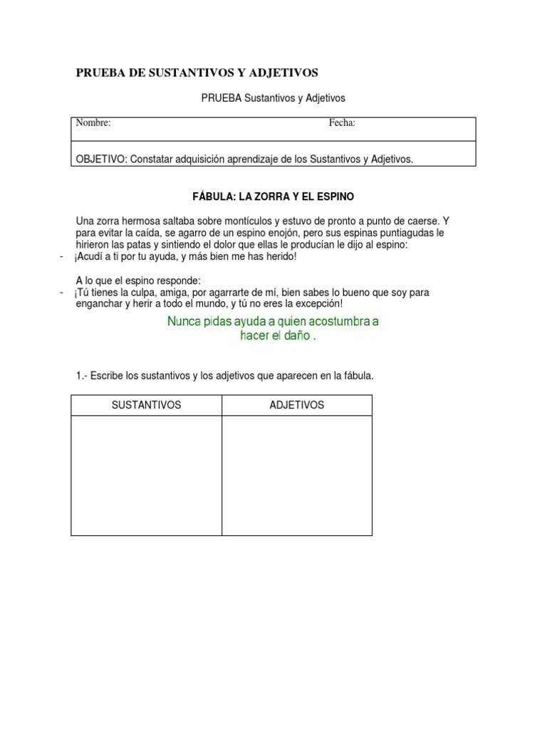 Prueba de Sustantivos y Adjetivos | PDF