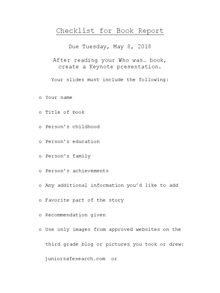 Checklist For Book Report: Due Tuesday, May 8, 2018 After Reading Your ...