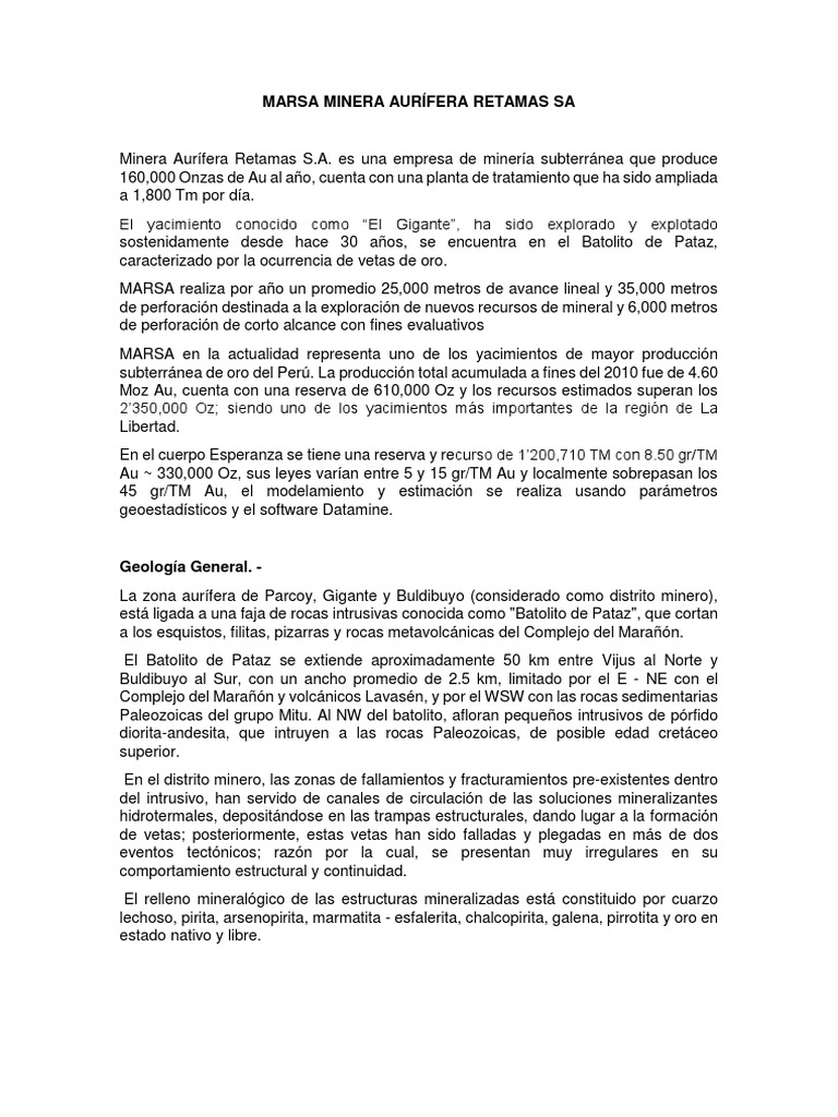 Marsa Minera Aurífera Retamas Sa | Descargar gratis PDF | Falla ...