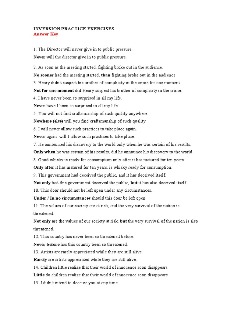 Inversion Practice Exercises Answer Key | PDF