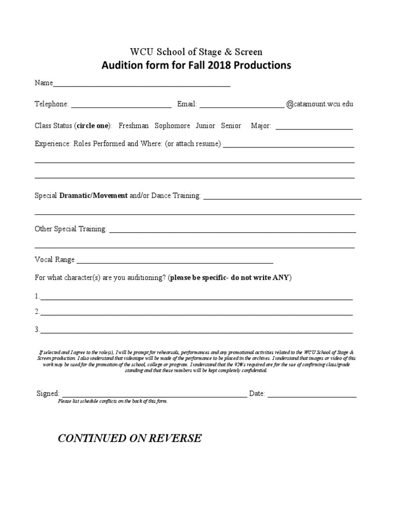 Fall 2018 Production Audition Form | PDF | Audition | Entertainment