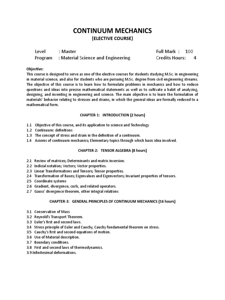Continuum Mechanics Course Syllabus | PDF | Continuum Mechanics | Tensor