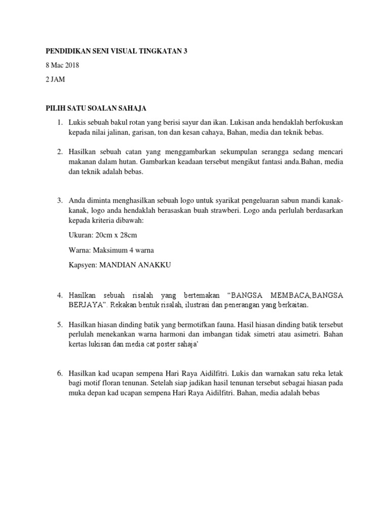 Soalan Tingkatan 3 Pendidikan Seni Visual | PDF | Ilmu Sosial | Griya & Taman